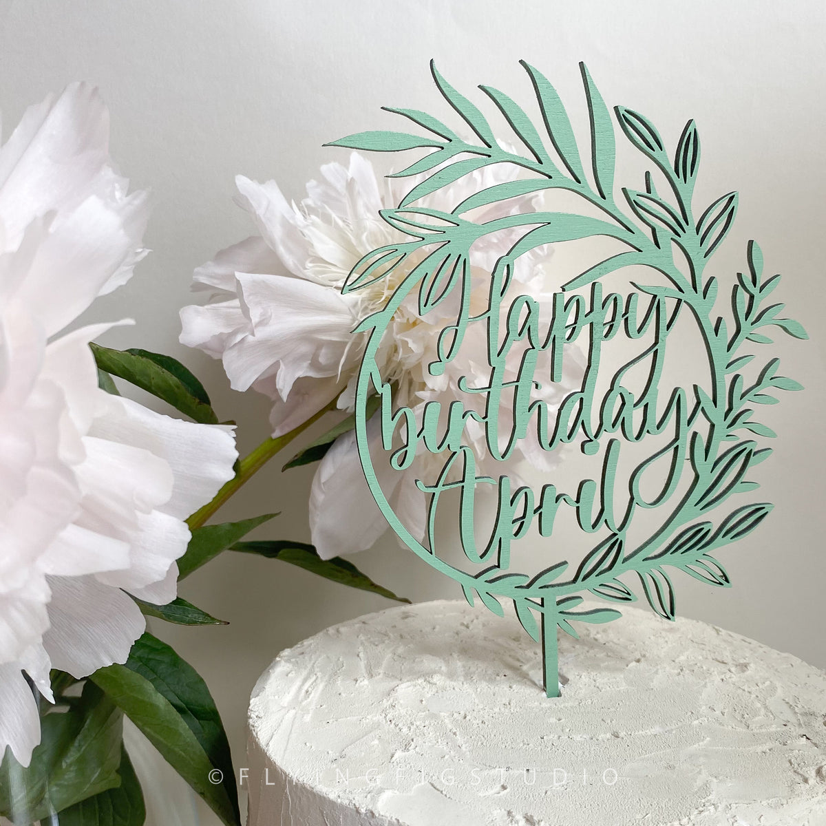 Personalised Botanical Wreath Wooden Cake Topper – Flying Fig Studio