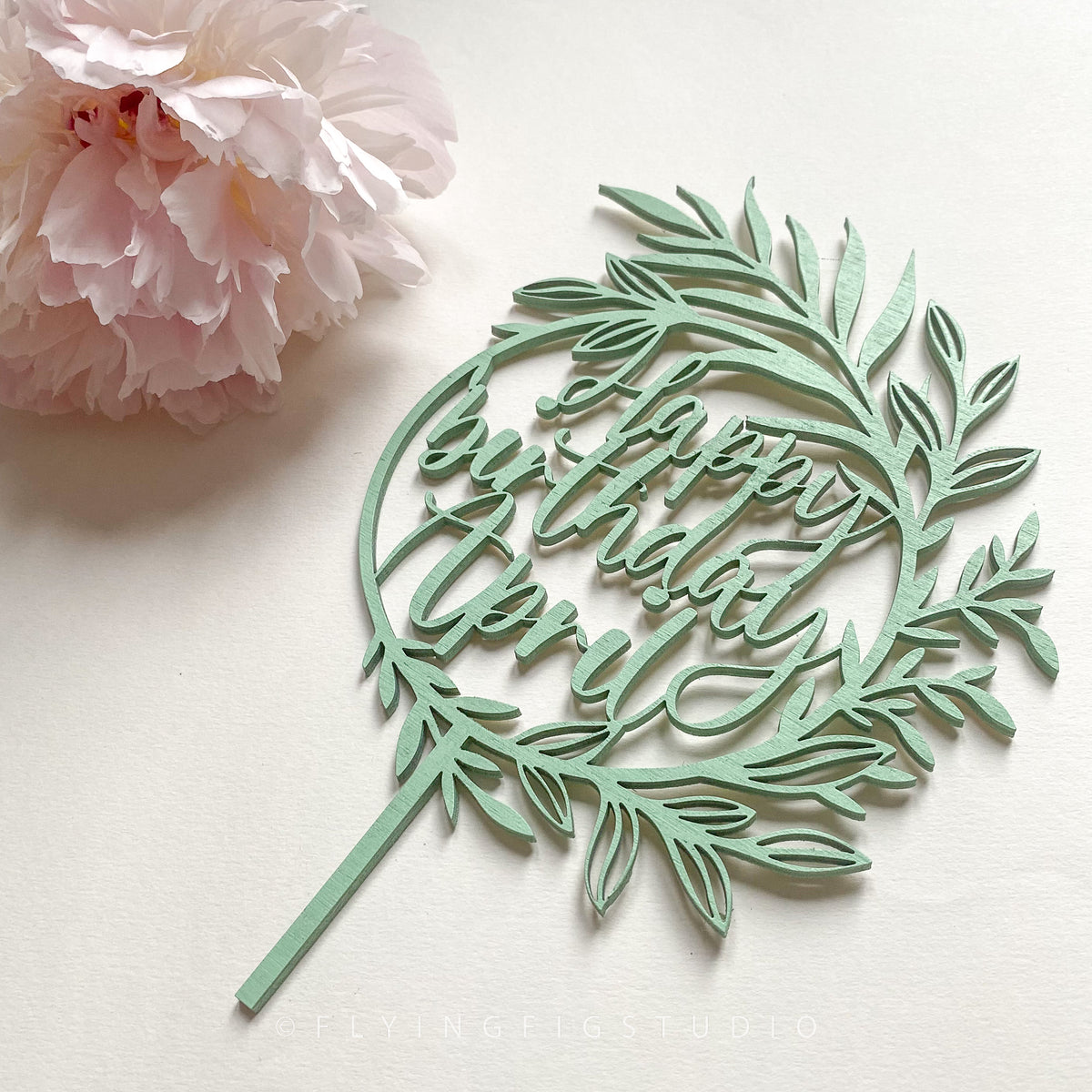 Personalised Botanical Wreath Wooden Cake Topper – Flying Fig Studio