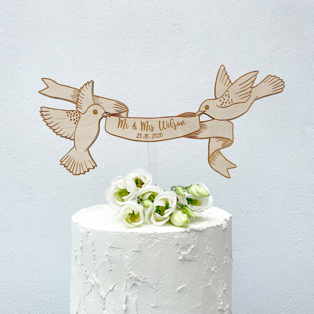 Personalised Wooden Engraved Floating Birds Wedding Cake Topper and Ma ...