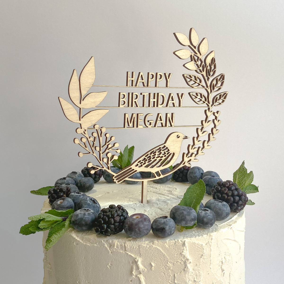 Personalised Wooden Bird and Wreath Cake Topper – Flying Fig Studio