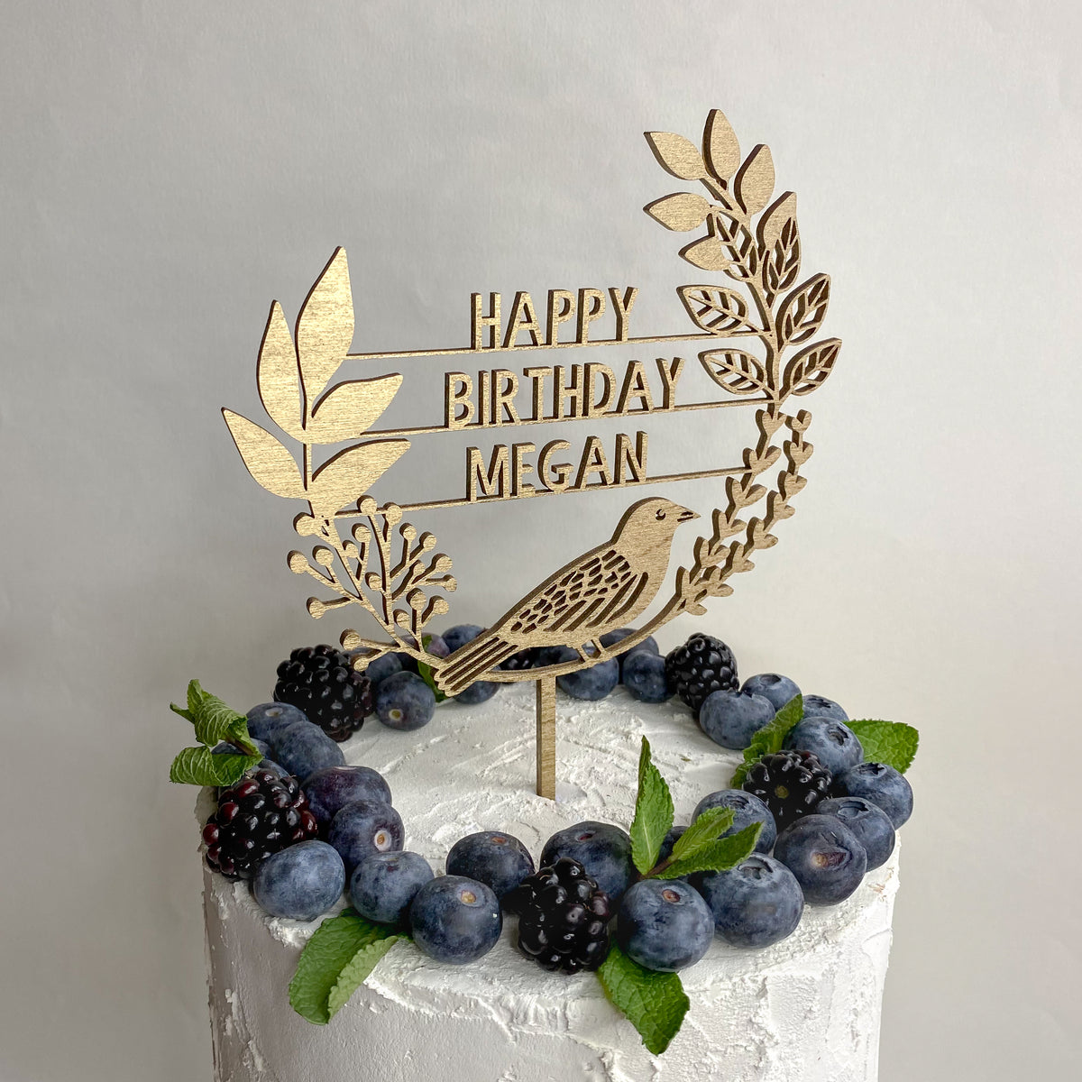 Personalised Wooden Bird and Wreath Cake Topper – Flying Fig Studio